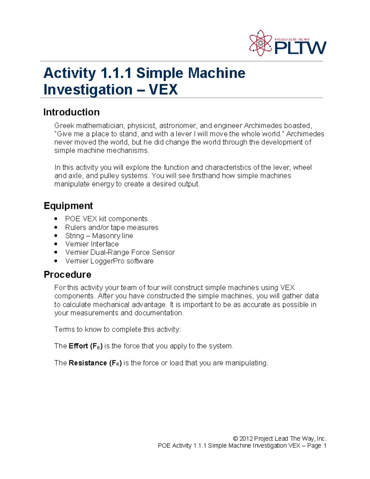 1.1.1 - mhm - Activity 1.1 Simple Machine Investigation – VEX Introduction Greek mathematician ...