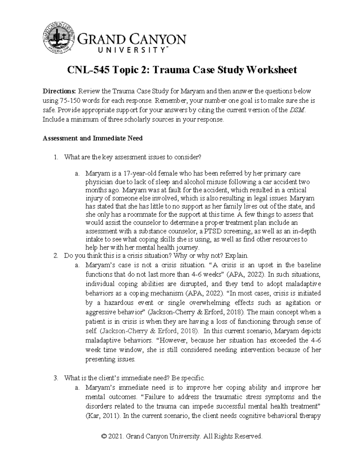 CNL 545 RS T2 Trauma Case Study Worksheet - CNL-545 Topic 2: Trauma ...