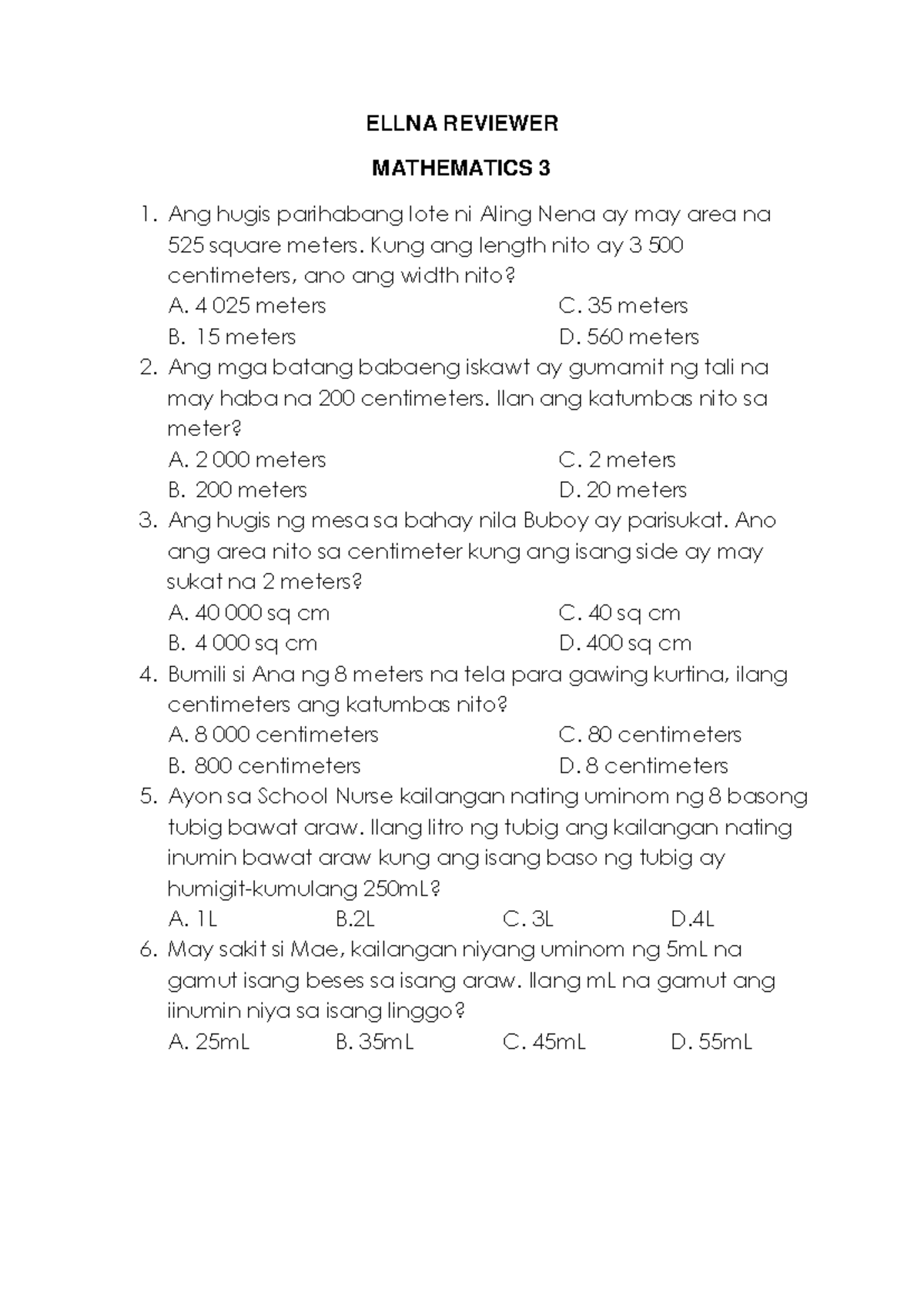Ellna- Reviewer- Mathematics - ELLNA REVIEWER MATHEMATICS 3 Ang hugis ...