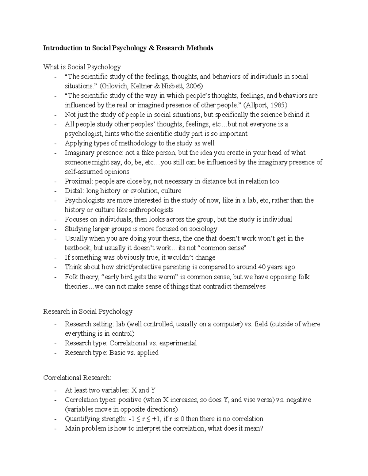 SOP 3004 Chapter 1 Notes - Introduction to Social Psychology & Research ...