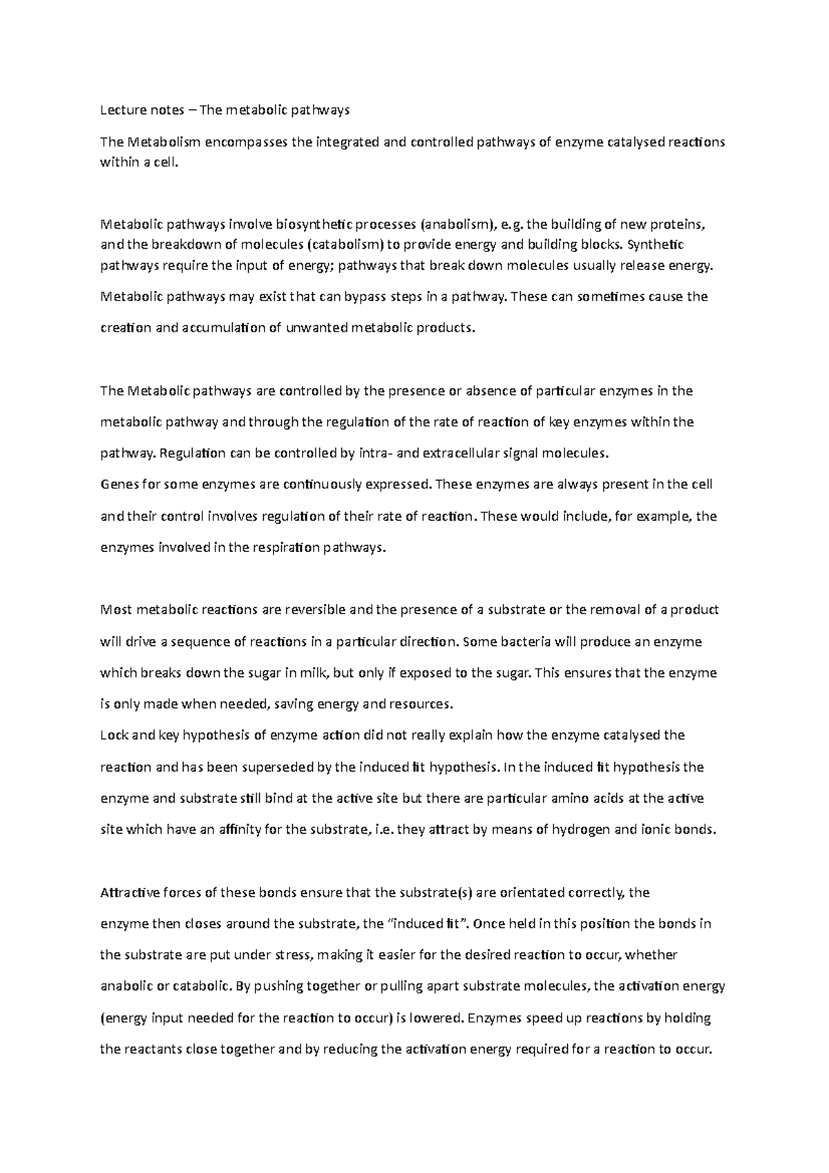 Lecture Notes The Metabolic Pathways Lecture Notes The Metabolic Pathways The Metabolism