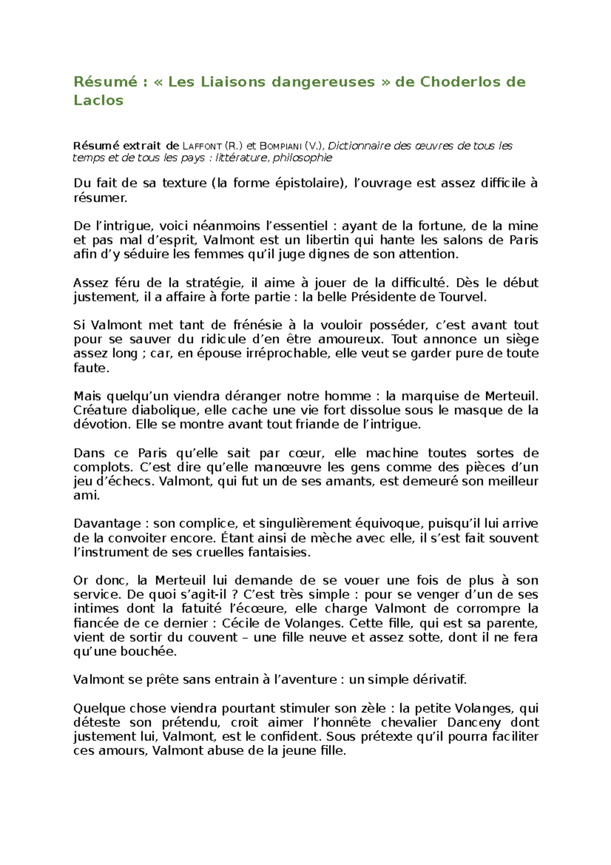 Résumé - Laclos, Les Liaisons dangereuses - Résumé : « Les Liaisons ...