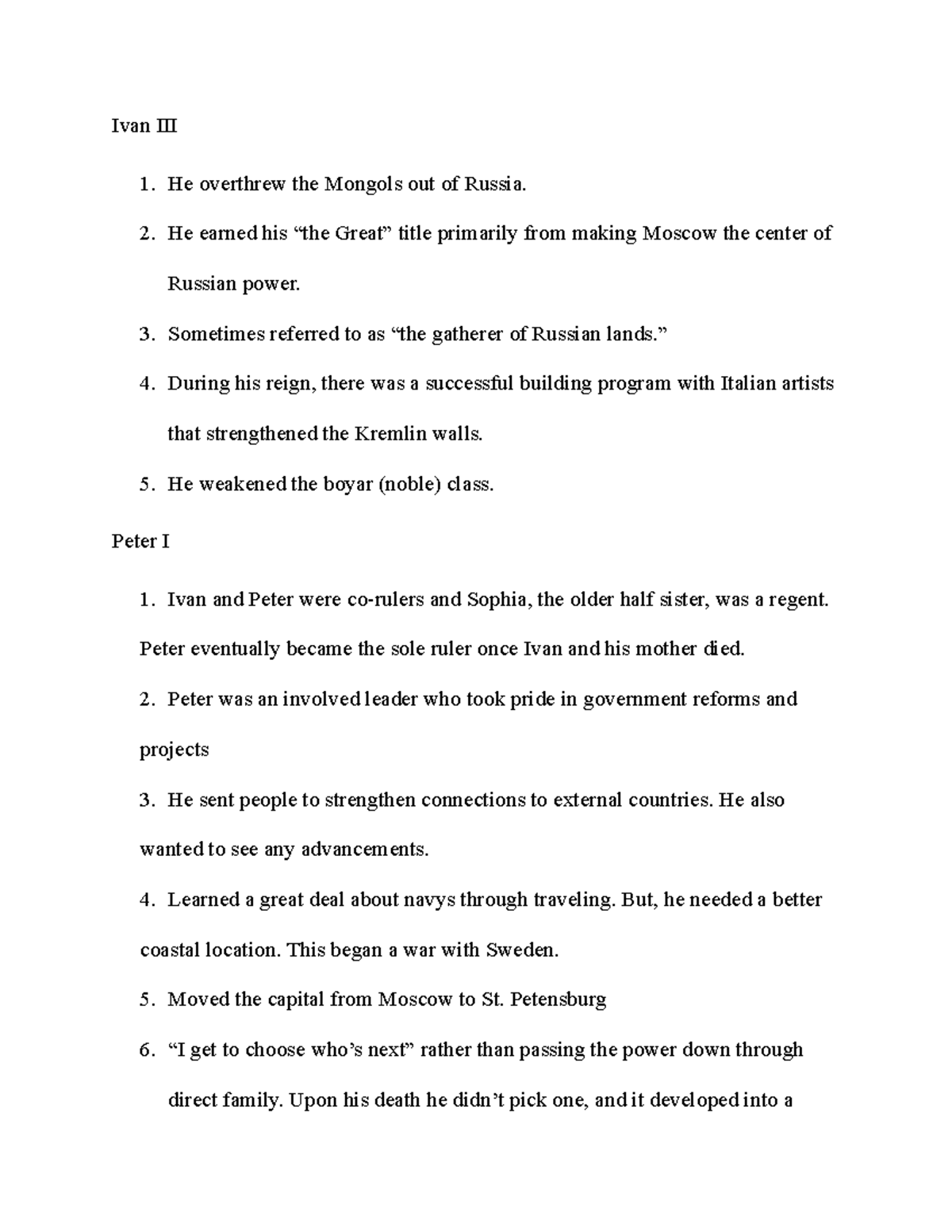 World History Chapter 12 Section 2 In class Notes on Ivan III, Peter I ...