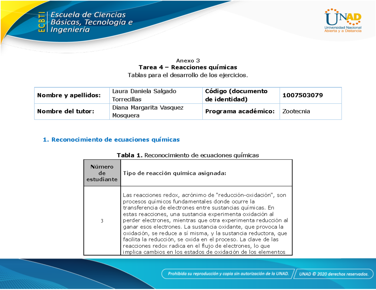 Laura Salgado - trabajo - Anexo 3 Tarea 4 – Reacciones químicas Tablas para el desarrollo de los ...