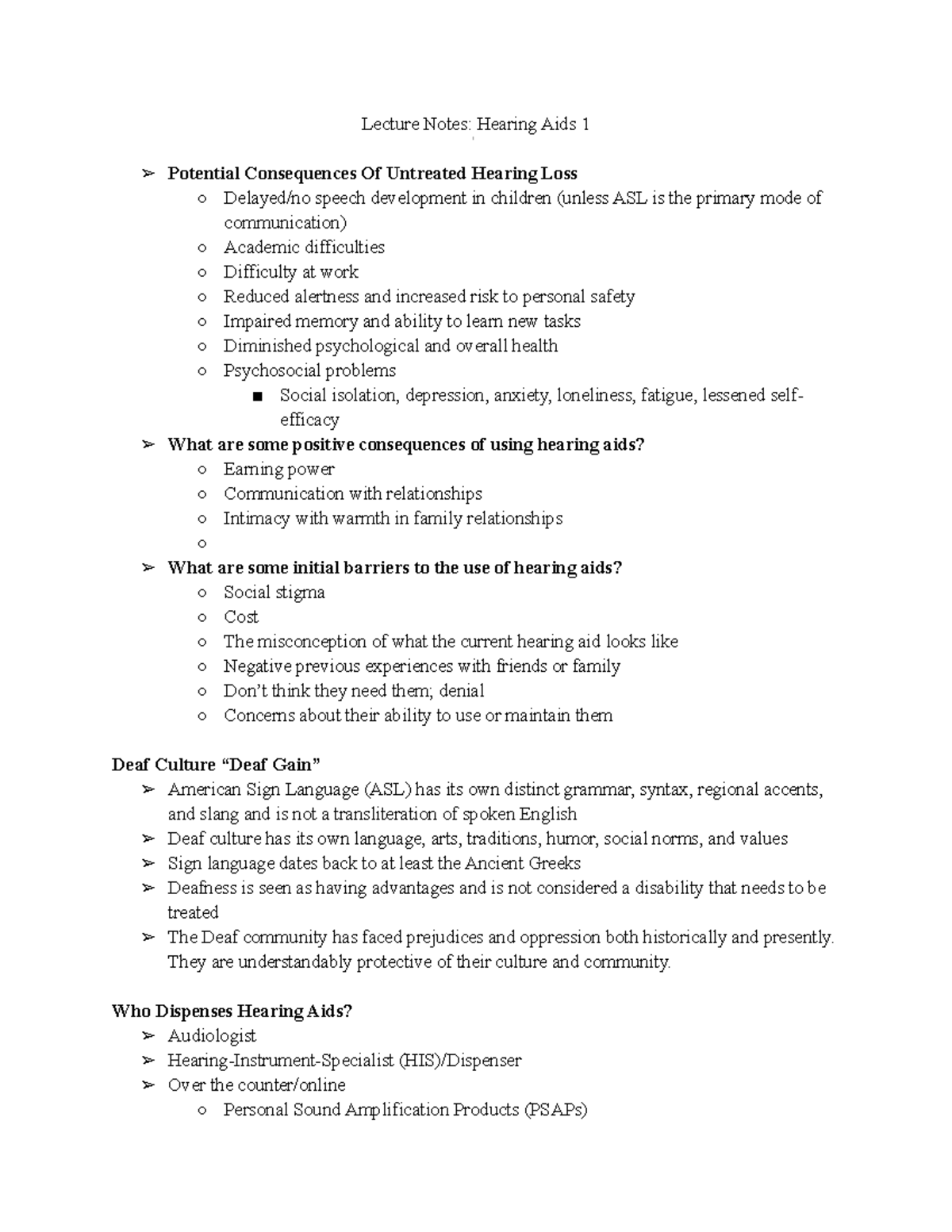SLPA 127 Notes 4 - Lecture Notes: Hearing Aids 1 Potential Consequences ...