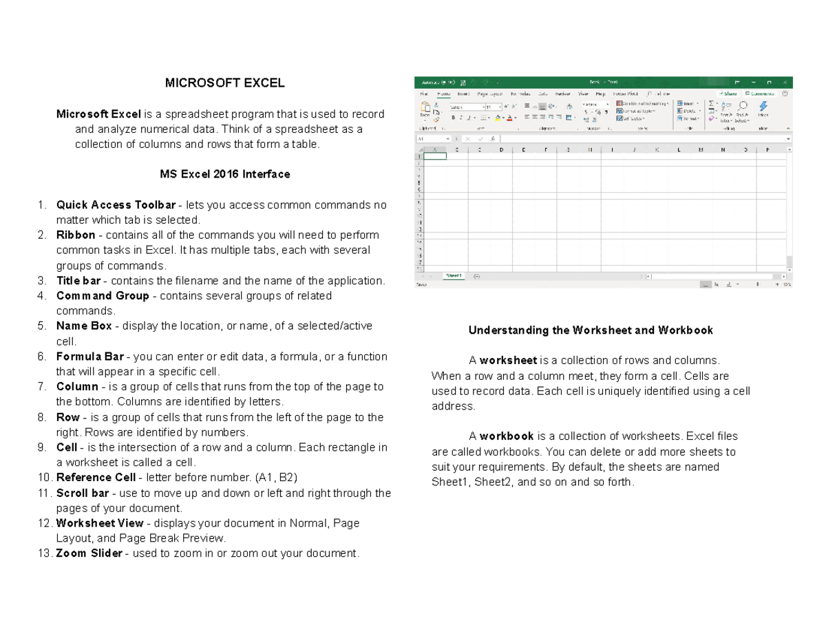 Emp Tech Lesson 1 - notes - MICROSOFT EXCEL Microsoft Excel is a ...