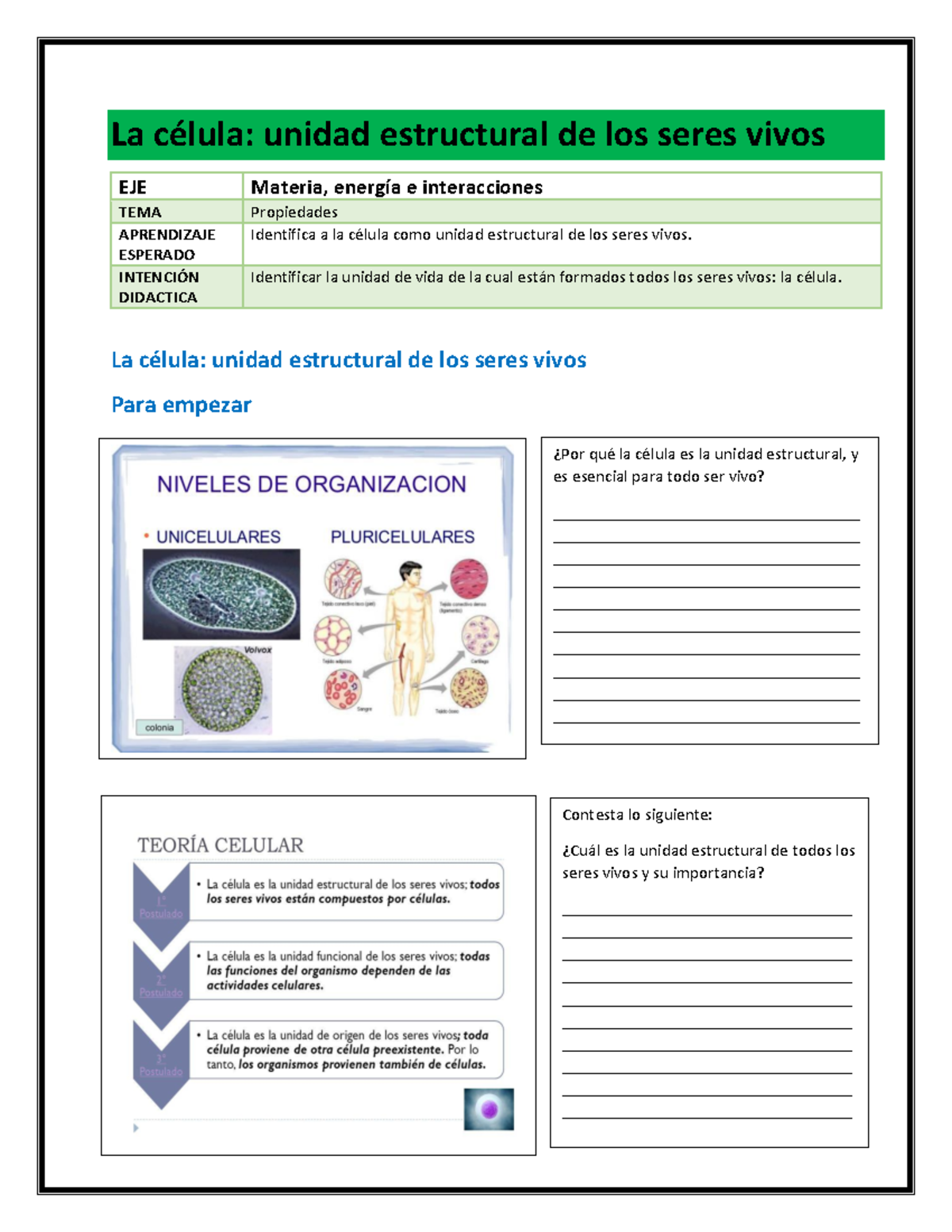 1 La célula unidad estructural de los seres vivos Alumno - La célula ...