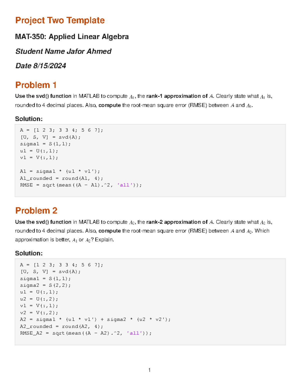 Project Two - Interpret the properties of vector spaces Utilize ...