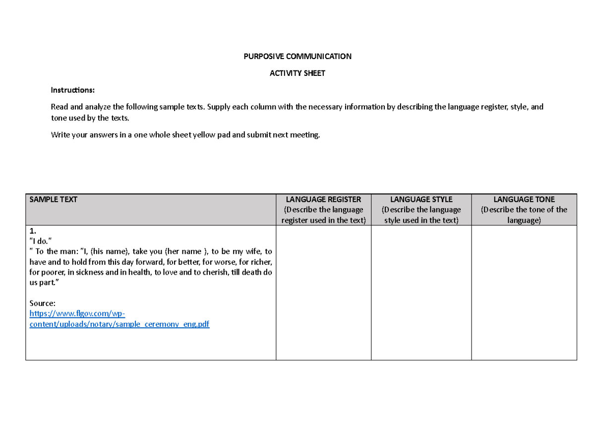 Language Register Activity Sheet - PURPOSIVE COMMUNICATION ACTIVITY ...