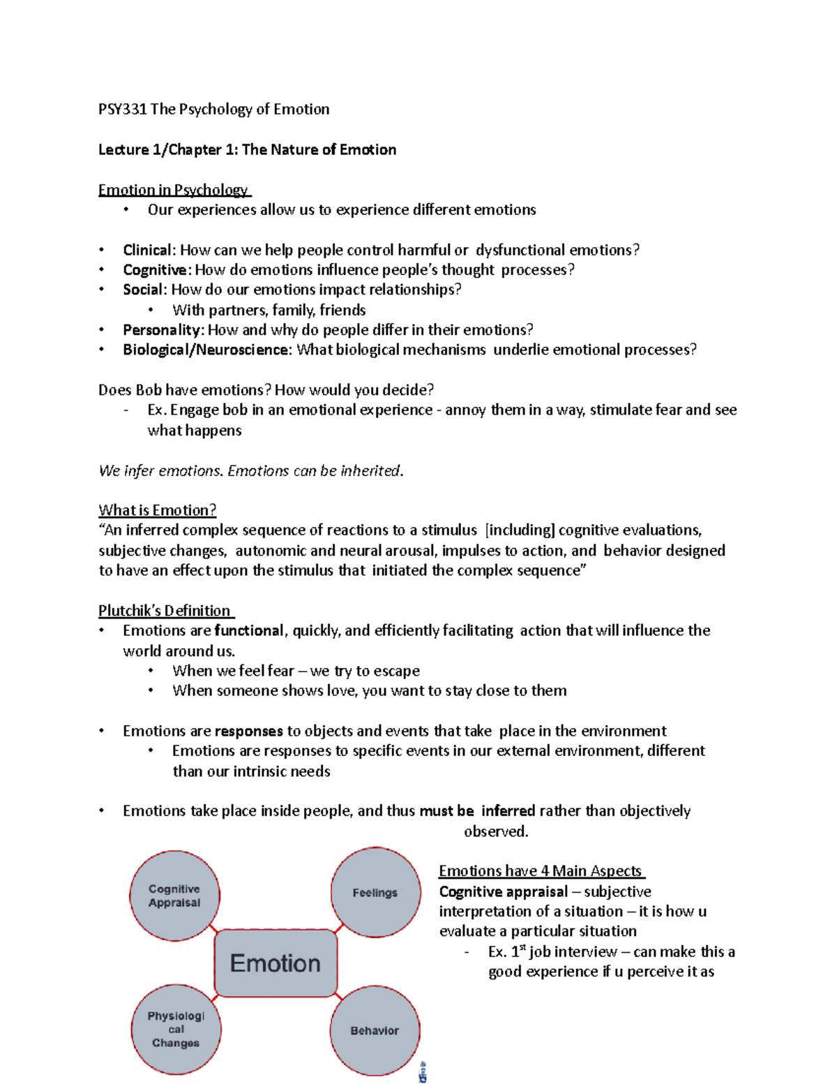 PSY331 lec 1 notes - PSY331 The Psychology of Emotion Lecture 1/Chapter ...