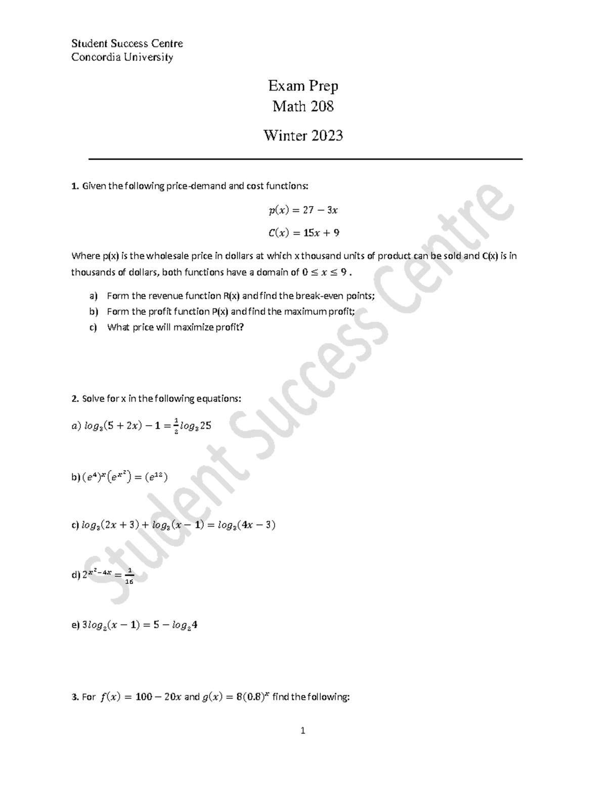 MATH208 Winter 2023 - Student Success Centre Concordia University 1 ...