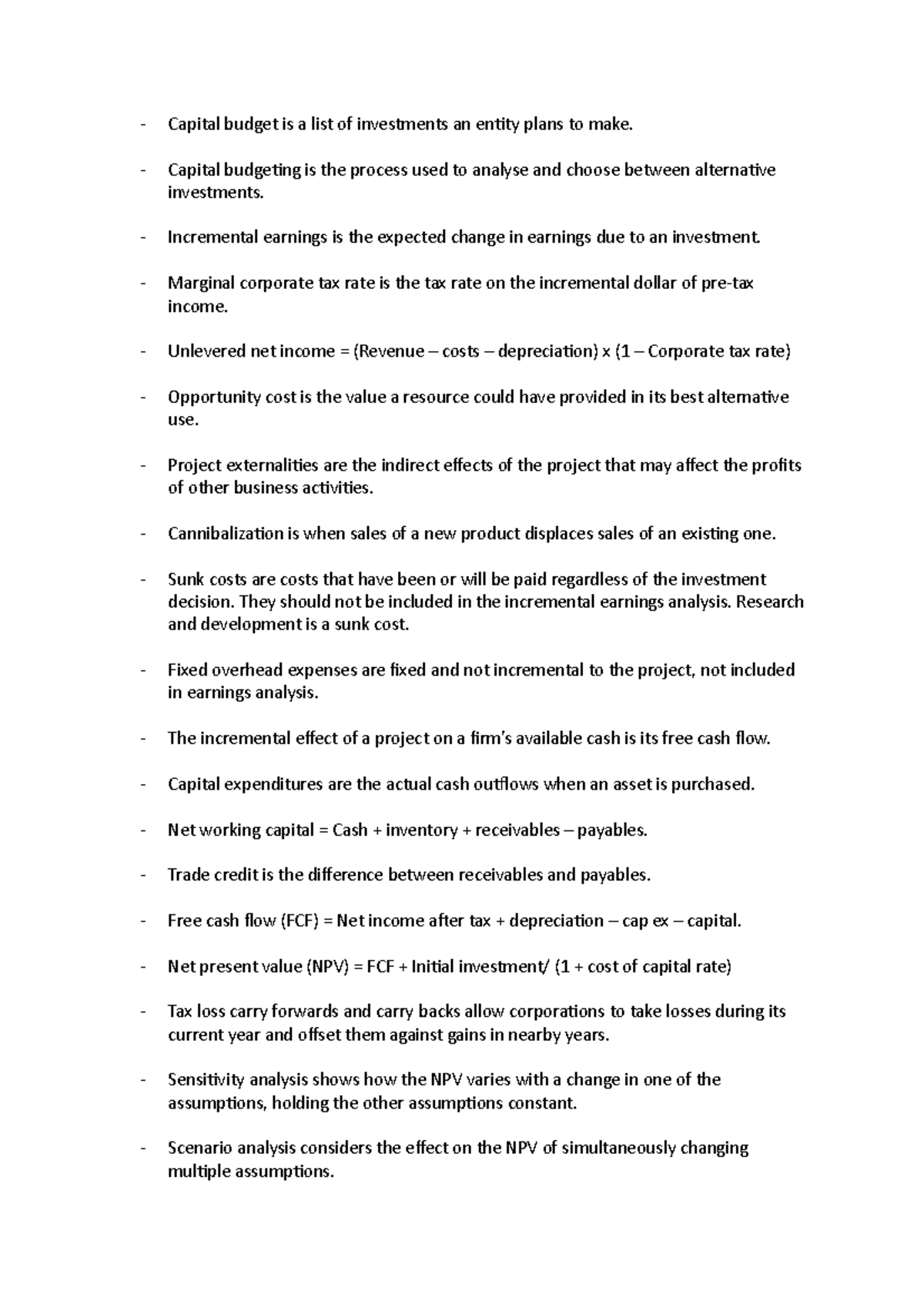 Corporate Exam Notes - Capital budget is a list of investments an ...