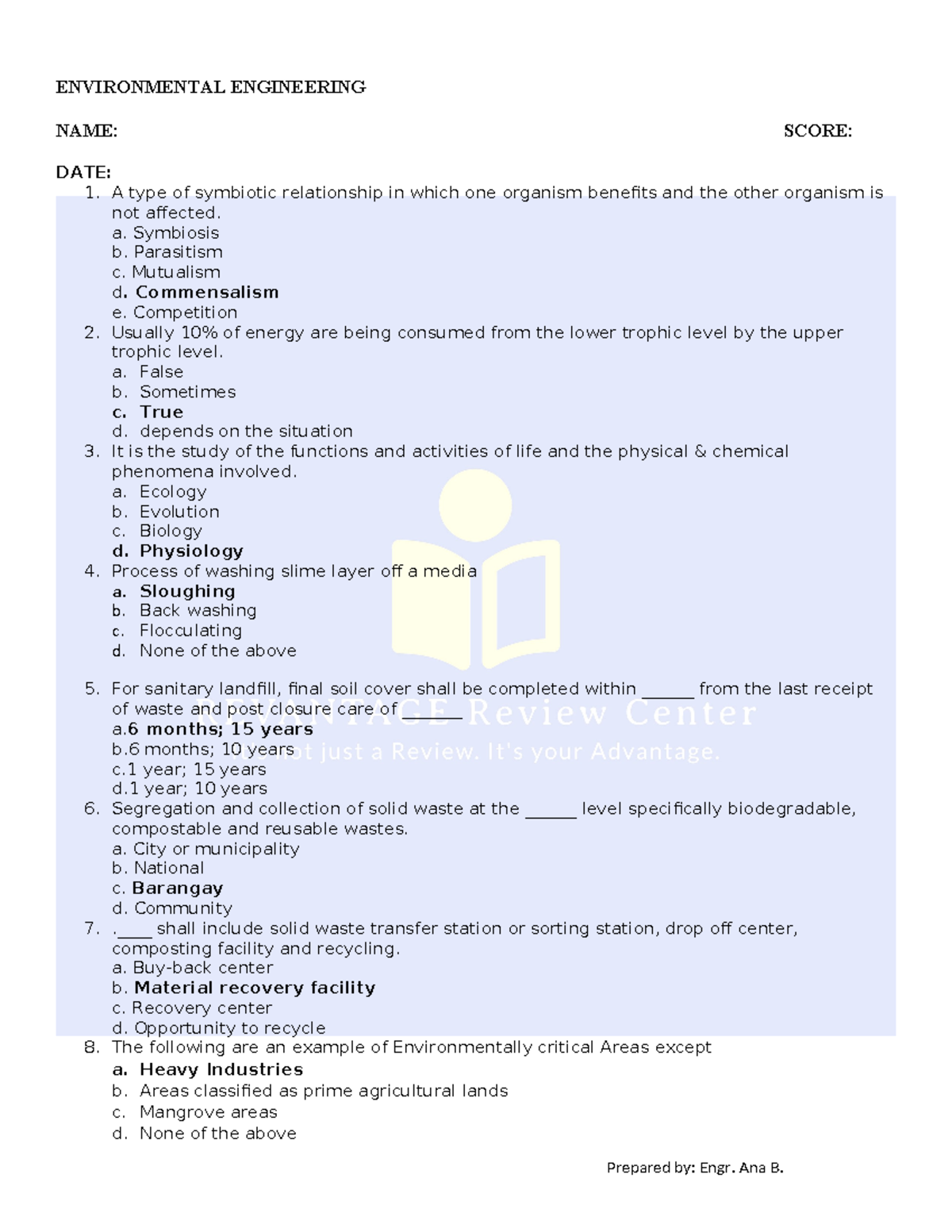 Environmental Engineering ANSWER KEY Final Exam - ENVIRONMENTAL ...