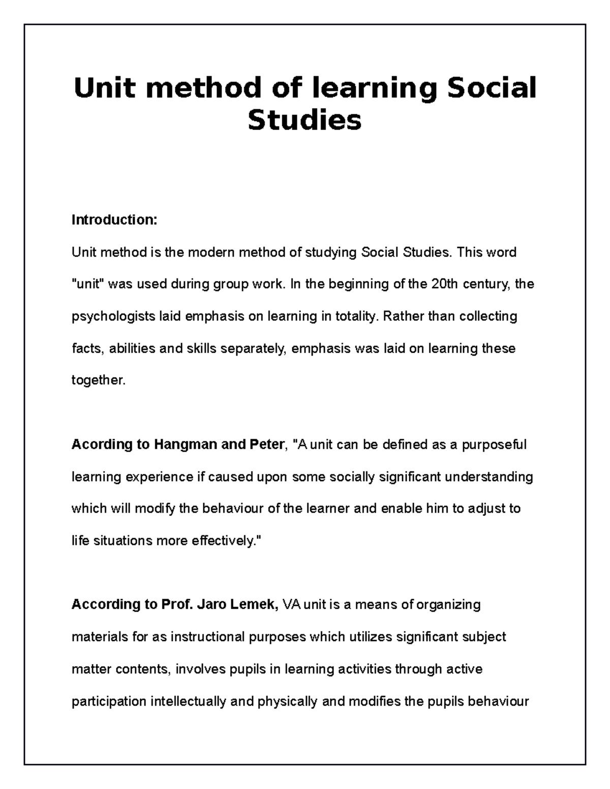 Unit method of learning Social Studies - Unit method of learning Social ...
