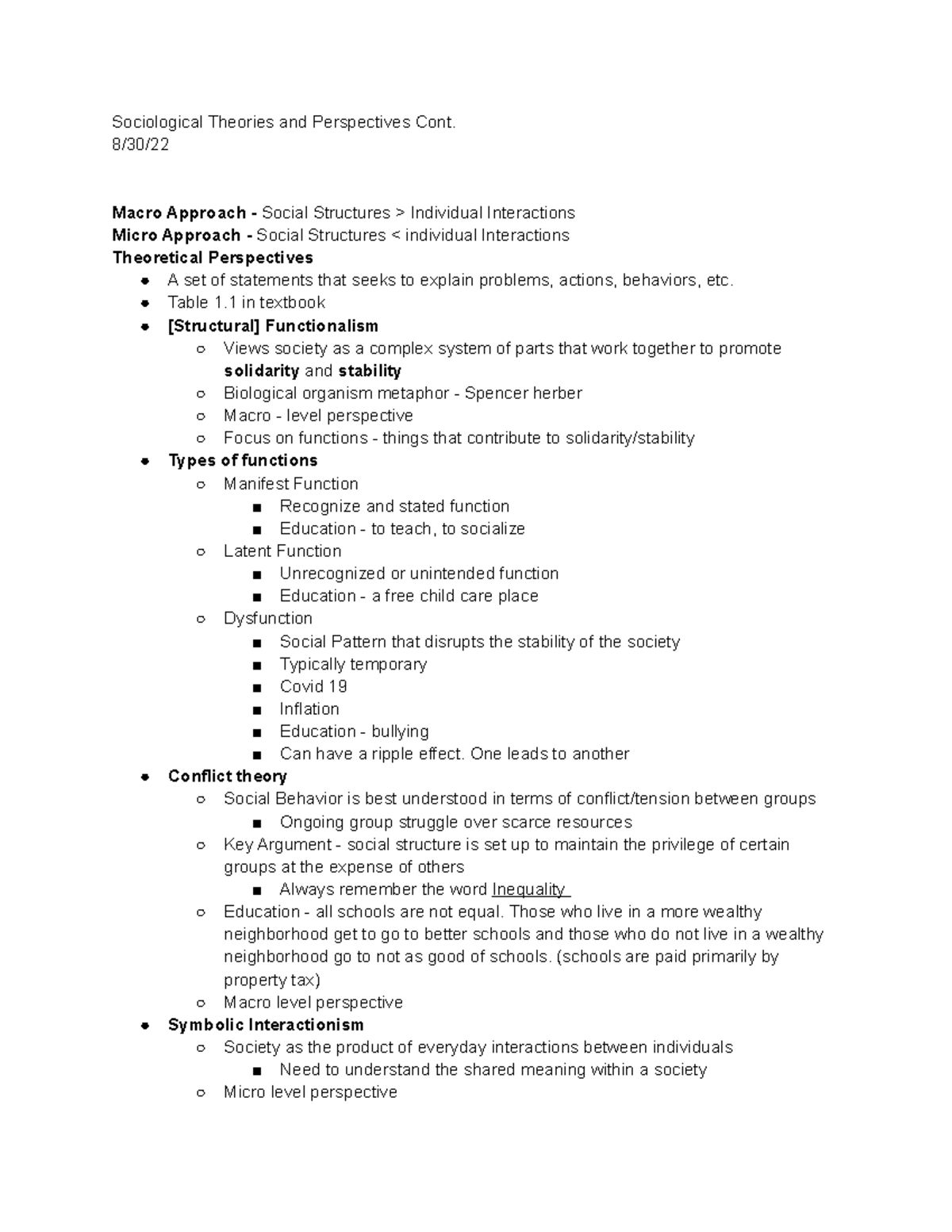 Sociological Theories and Perspectives Cont - 8/30/ Macro Approach ...