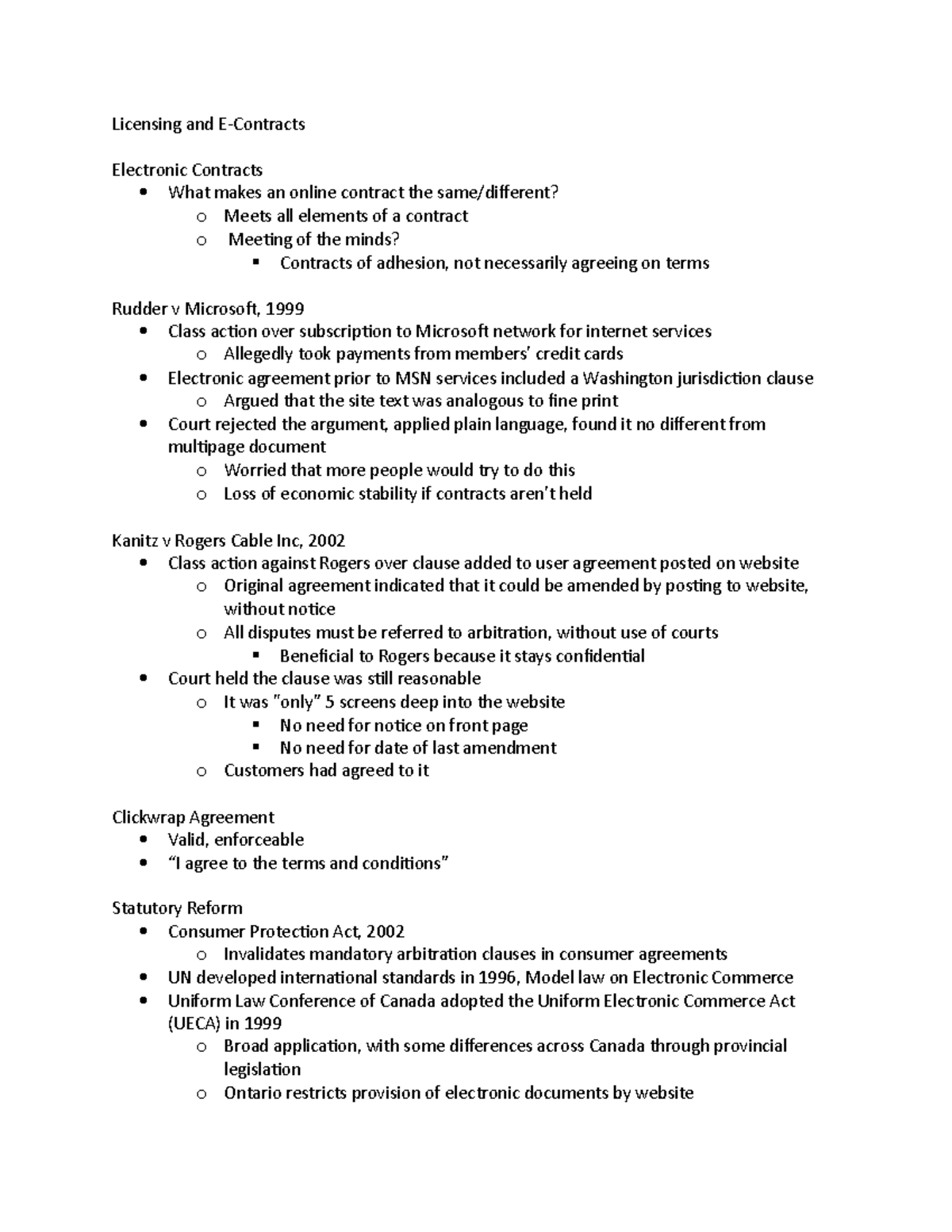LAW723 - Lecture 5 - Licensing and E-Contracts Electronic Contracts ...