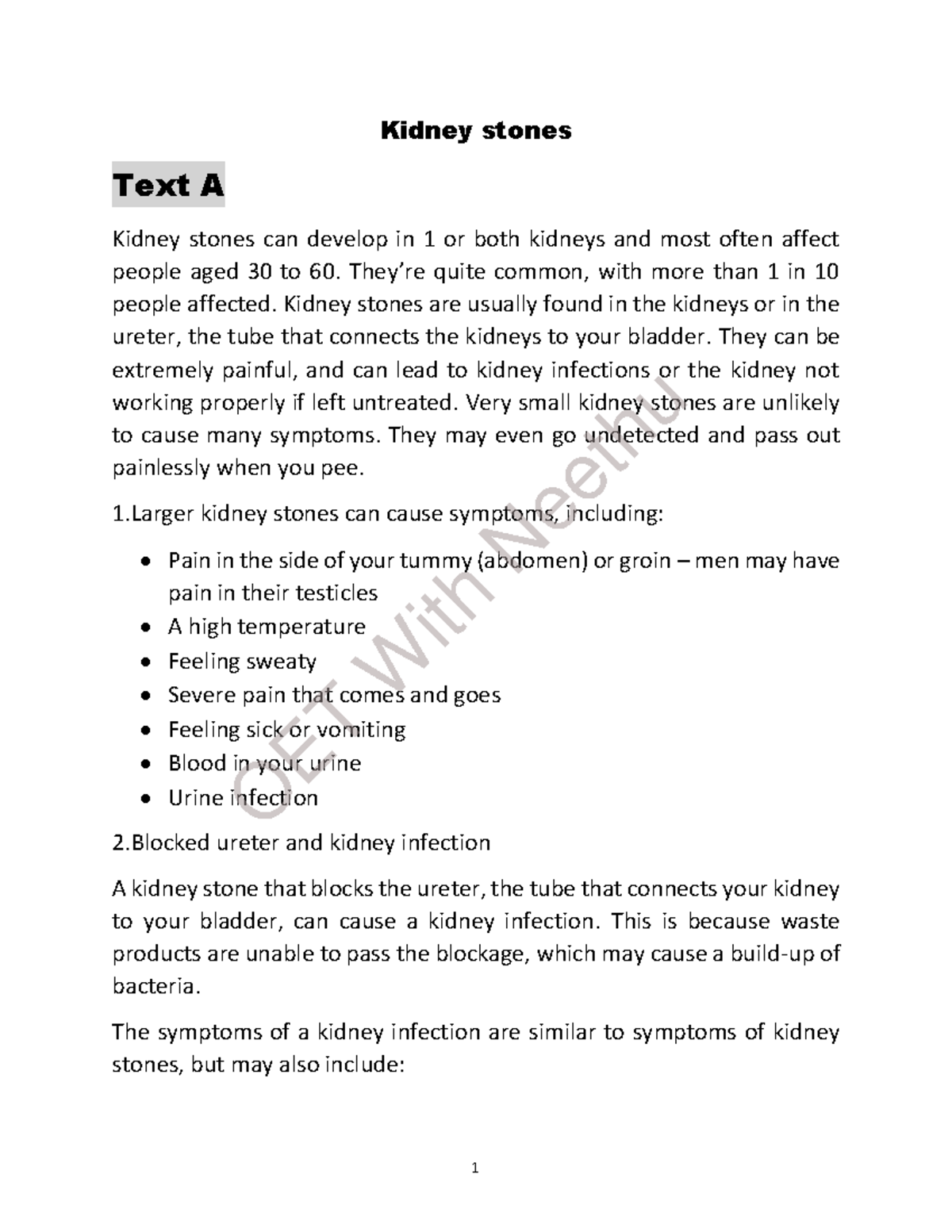 OET- Reading- Kidney Stone - Kidney stones Text A Kidney stones can ...