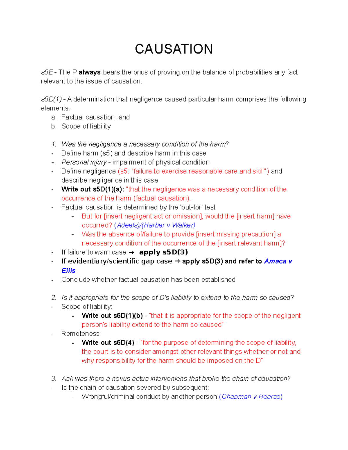 Causation Exam Scaffold - CAUSATION s5E - The P always bears the onus ...