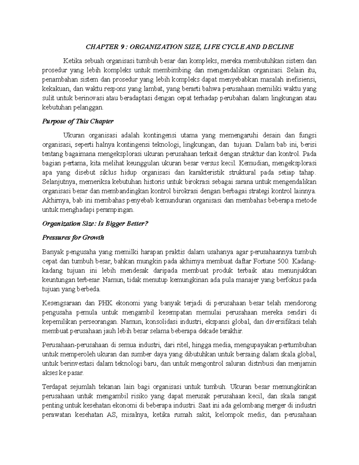 Organization SIZE, LIFE Cycle AND Decline - CHAPTER 9 : ORGANIZATION ...