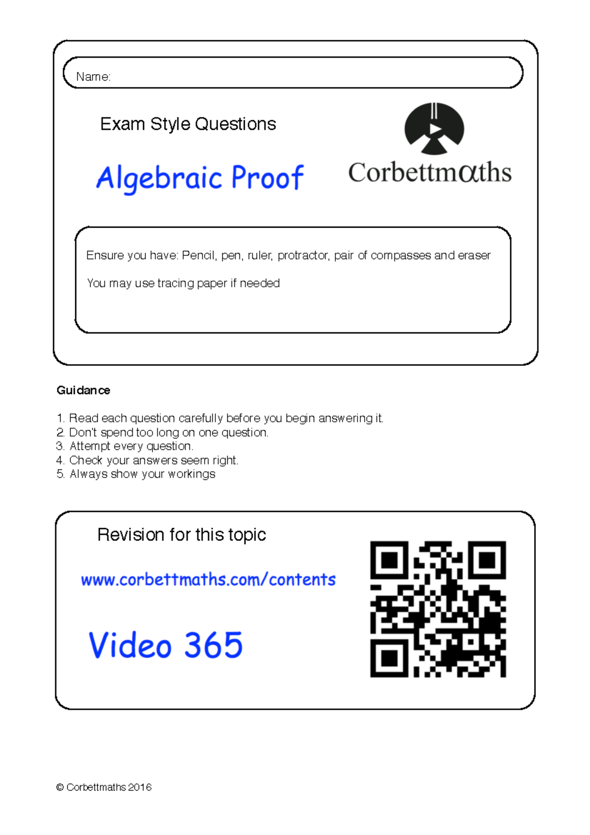 Algebraic-Proof-Questions - Name: Exam Style Questions Ensure you have ...