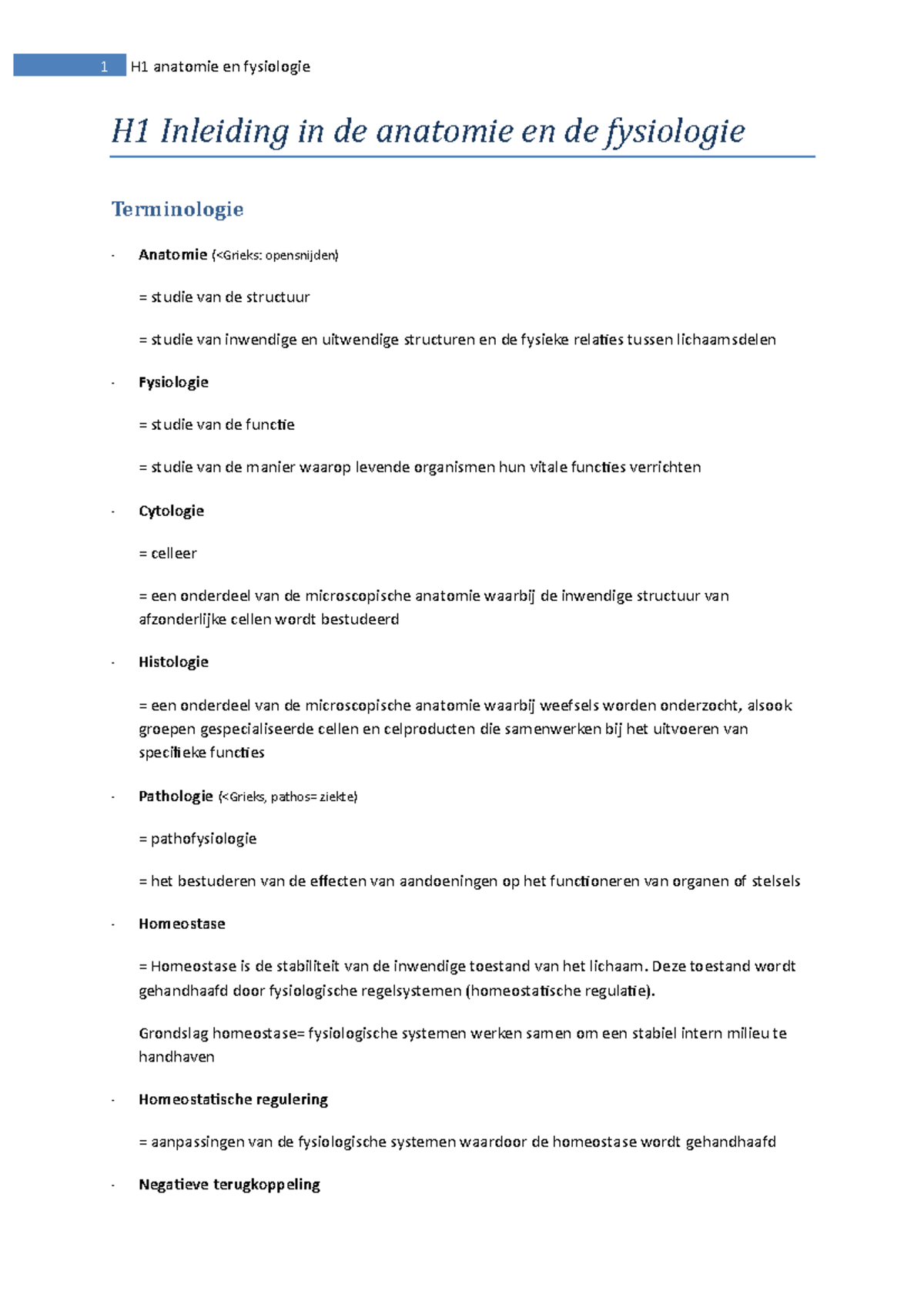 Hoofdstuk 1: Inleiding in de anatomie en de fysiologie samenvatting - H1 Inleiding in de ...