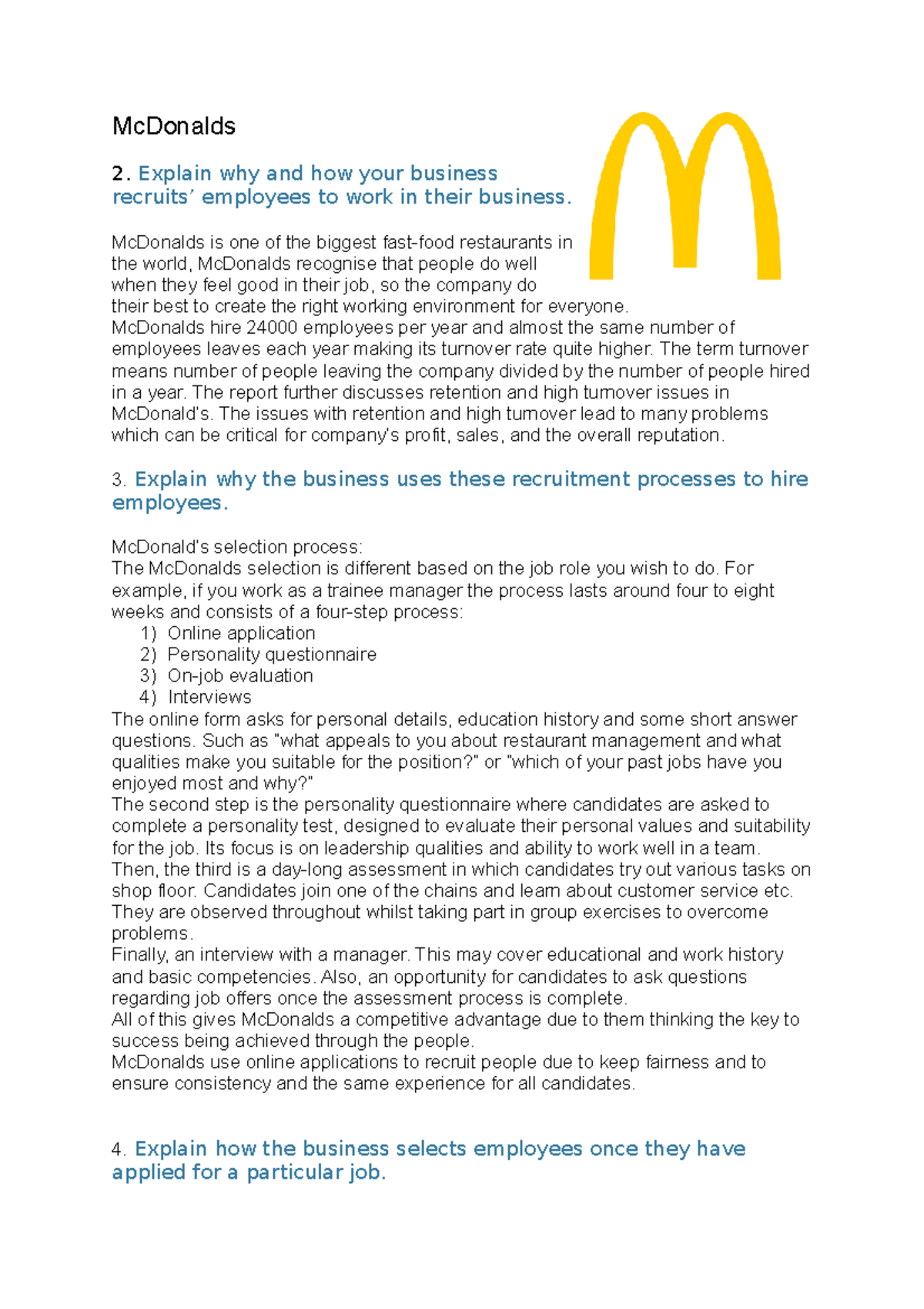 Business Coursework 2 - McDonalds 2. Explain why and how your business ...
