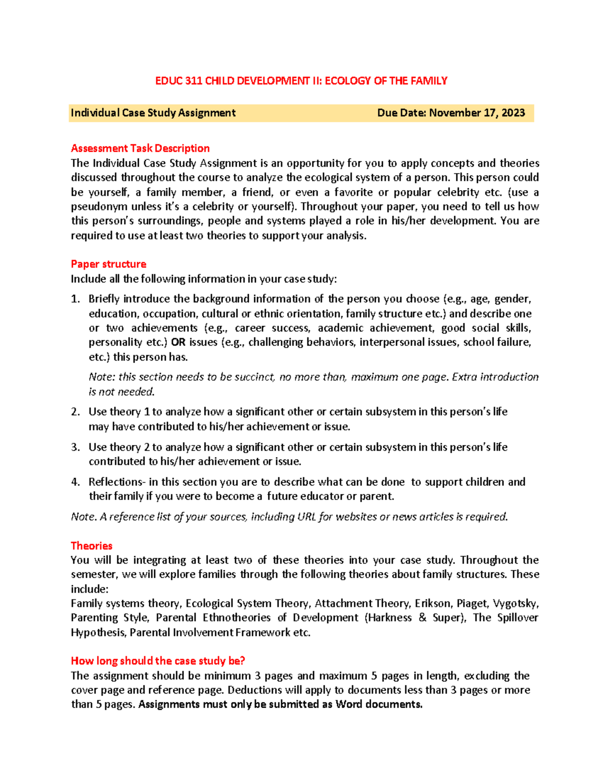 Individual Assignment Description Fall 2023 - EDUC 311 CHILD ...