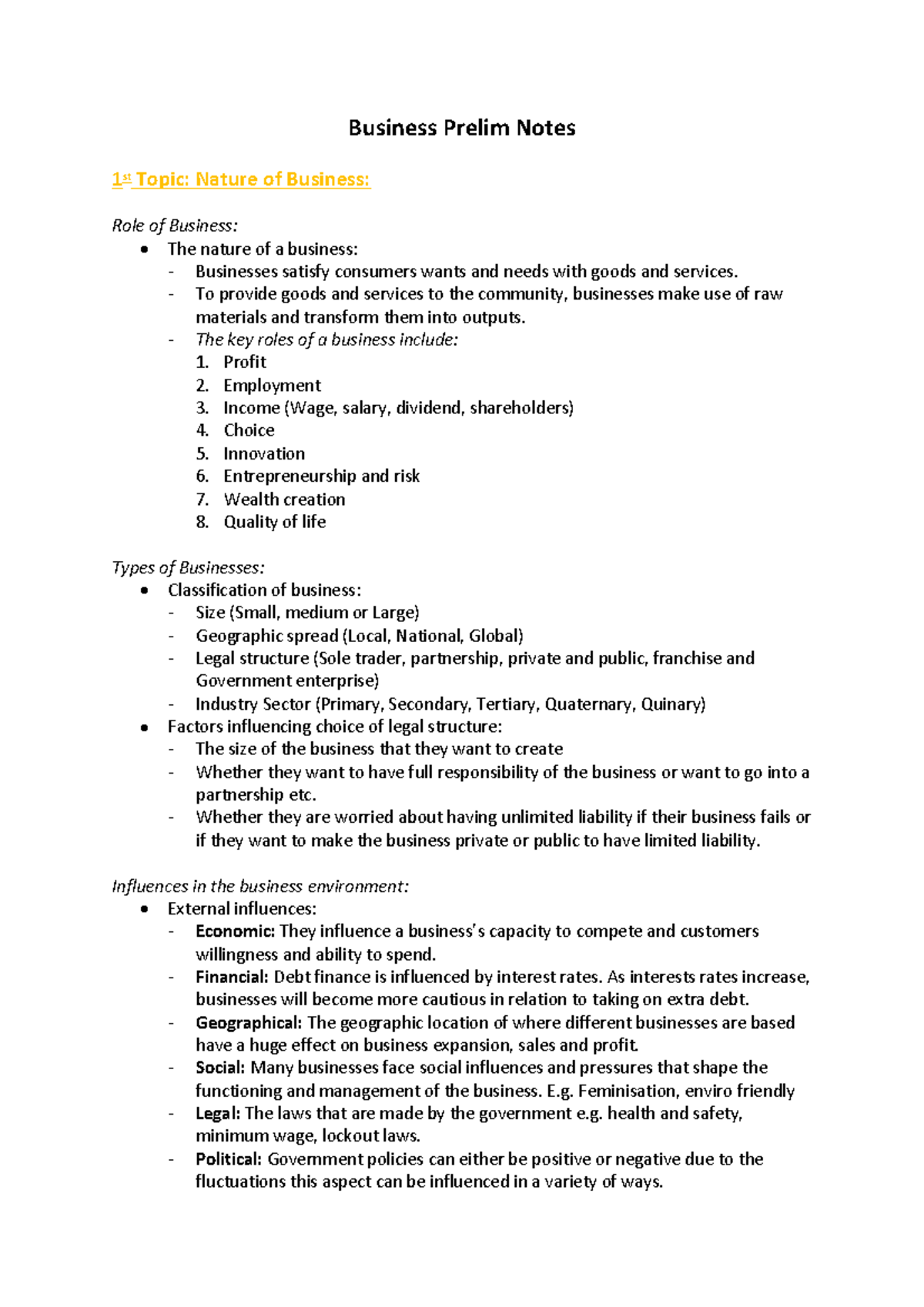 Business prelim notes - Business Prelim Notes 1 st Topic: Nature of ...