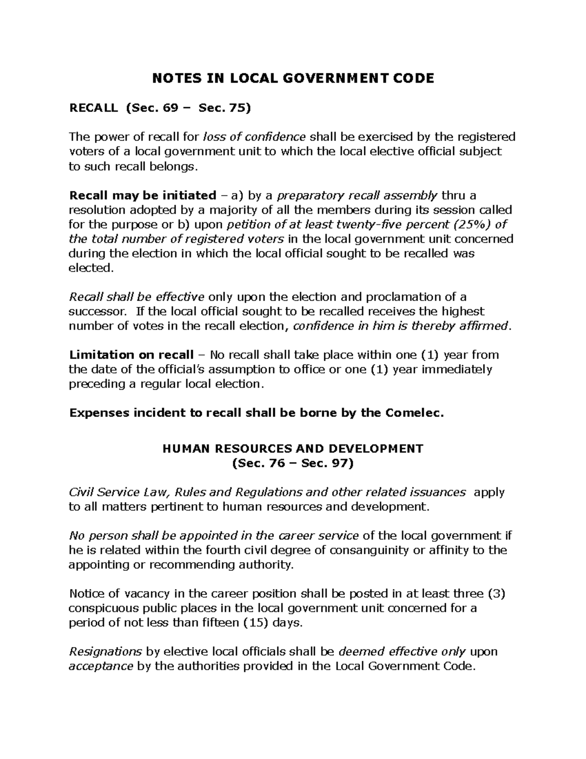 Notes IN Local Government CODE 2 - NOTES IN LOCAL GOVERNMENT CODE ...