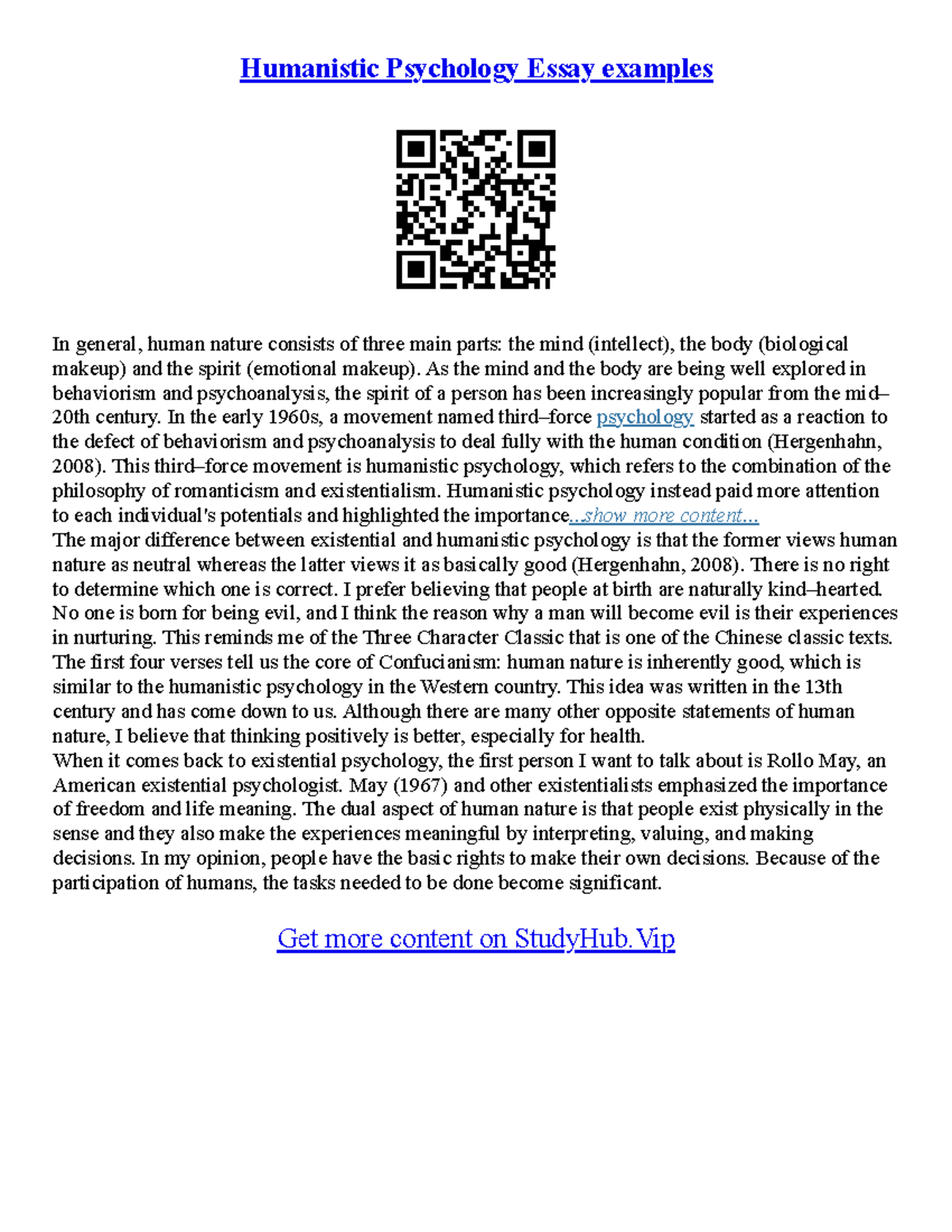 Psychology Essay Sample - Humanistic Psychology Essay examples In ...