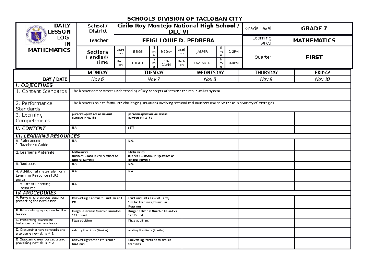 MATH 7 DLL Q2 Week N DAY N-5 Nov6-10 - SCHOOLS DIVISION OF TACLOBAN ...