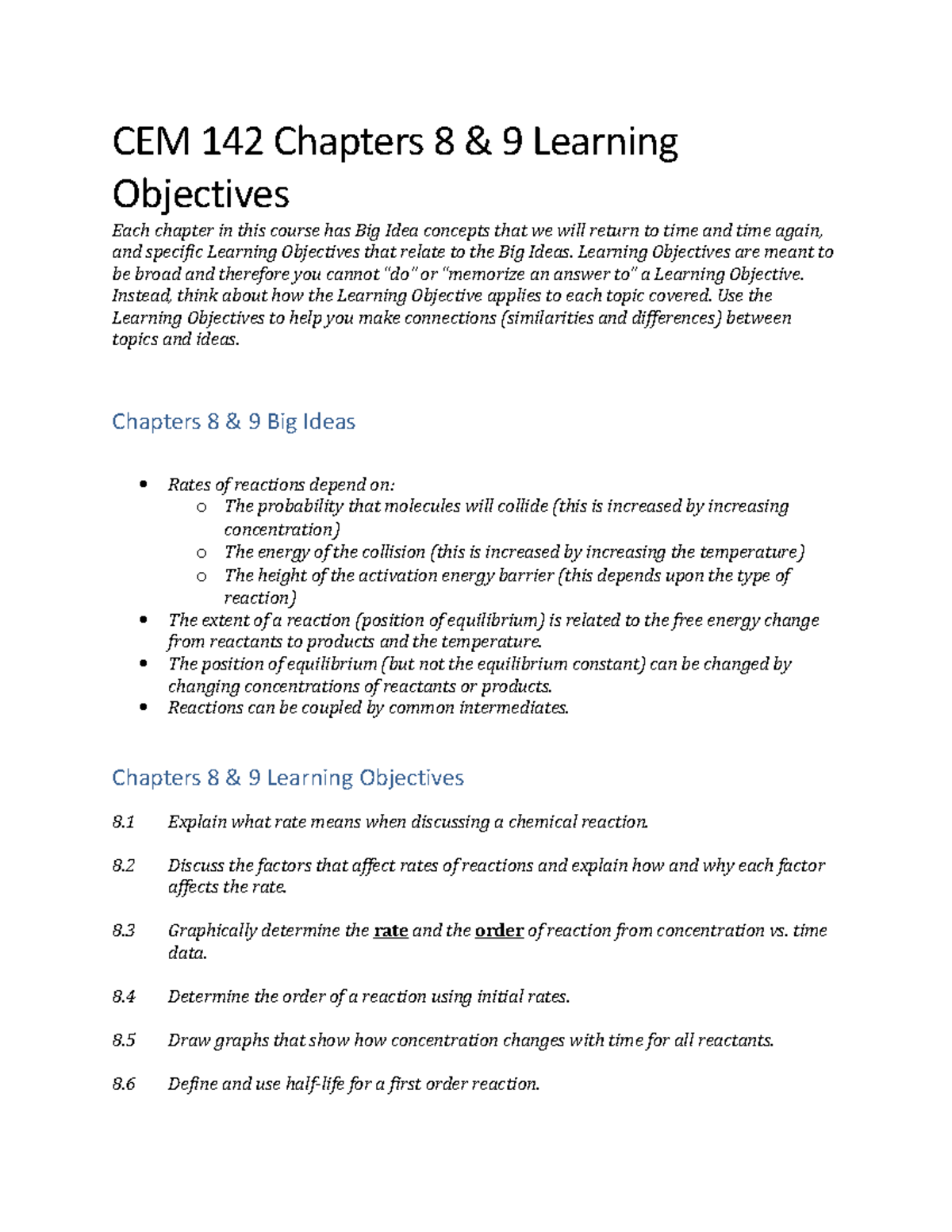 MSU CEM142 Learning Objectives Ch8 9 20201 - CEM 142 Chapters 8 & 9 Learning Objectives Each ...