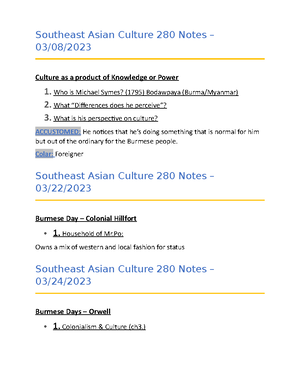 Southeast Asian Culture 280 Notes 1 - Southeast Asian Culture 280 Notes ...