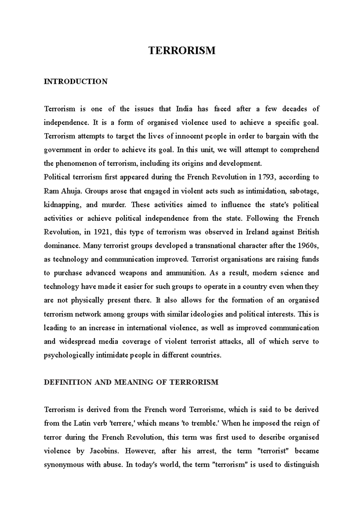 Terrorism - Lecture notes 7 - TERRORISM INTRODUCTION Terrorism is one ...