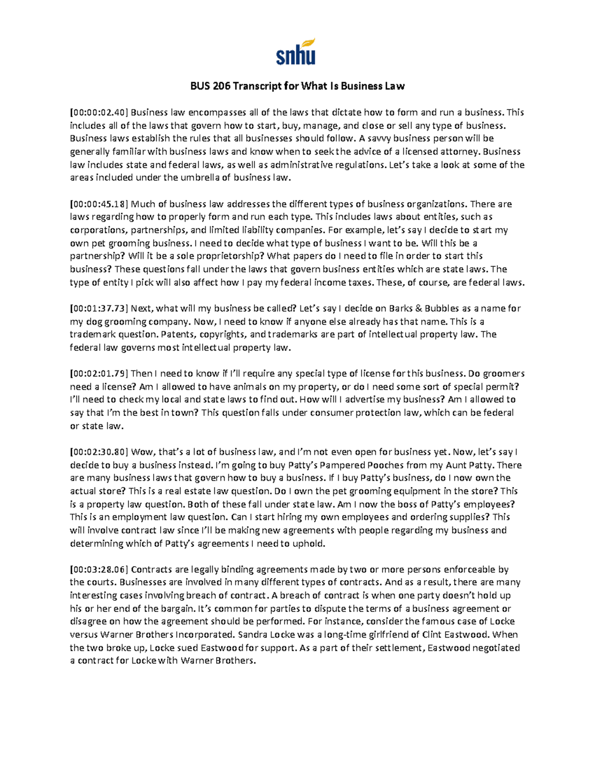 BUS 206 Transcript for Business Law Definition - BUS 206 Transcript for ...