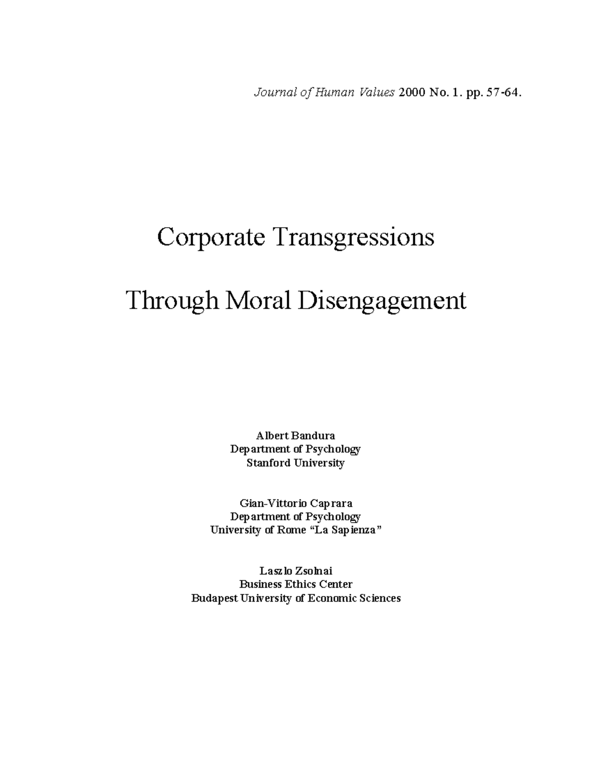 Bandura, Caprara and Zsolnai (2000 ) - Journal of Human Values 2000 No ...