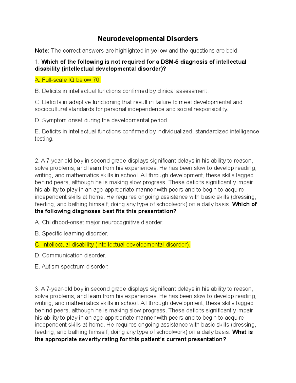 Test Questions in Neurodevelopmental Disorders- DSM5 ...