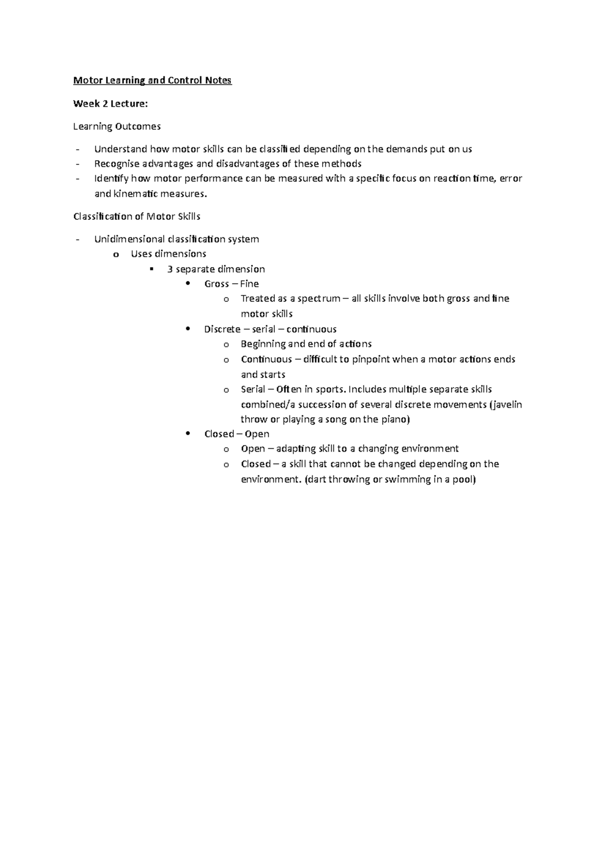 Motor Learning and Control Notes - Classification of Motor Skills ...
