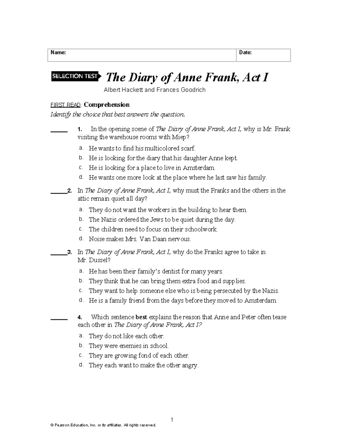 Anne frank act 1 test - Name: Date: The Diary of Anne Frank, Act I ...