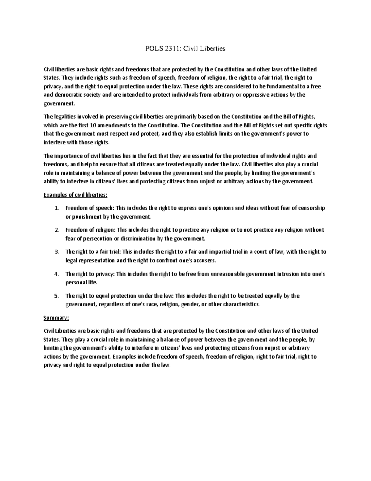 Civil Liberties - POLS 2311: Civil Liberties Civil liberties are basic ...