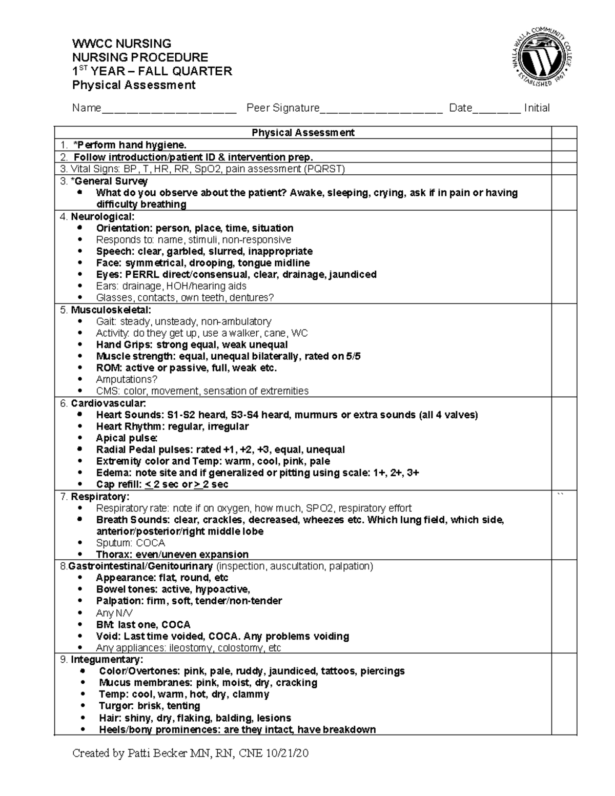 Procedure- Physical Assessment (1) - WWCC NURSING NURSING PROCEDURE 1 ...