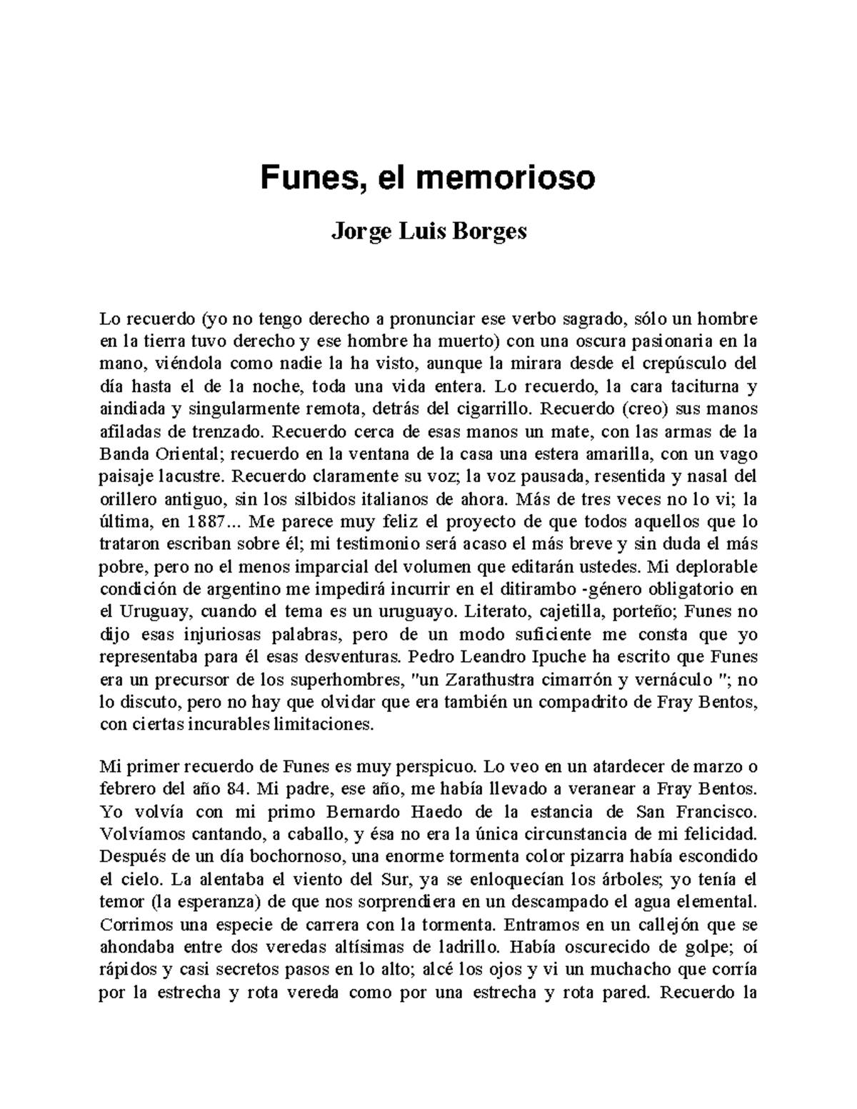 Memorioso - jsjss - Funes, el memorioso - Studocu