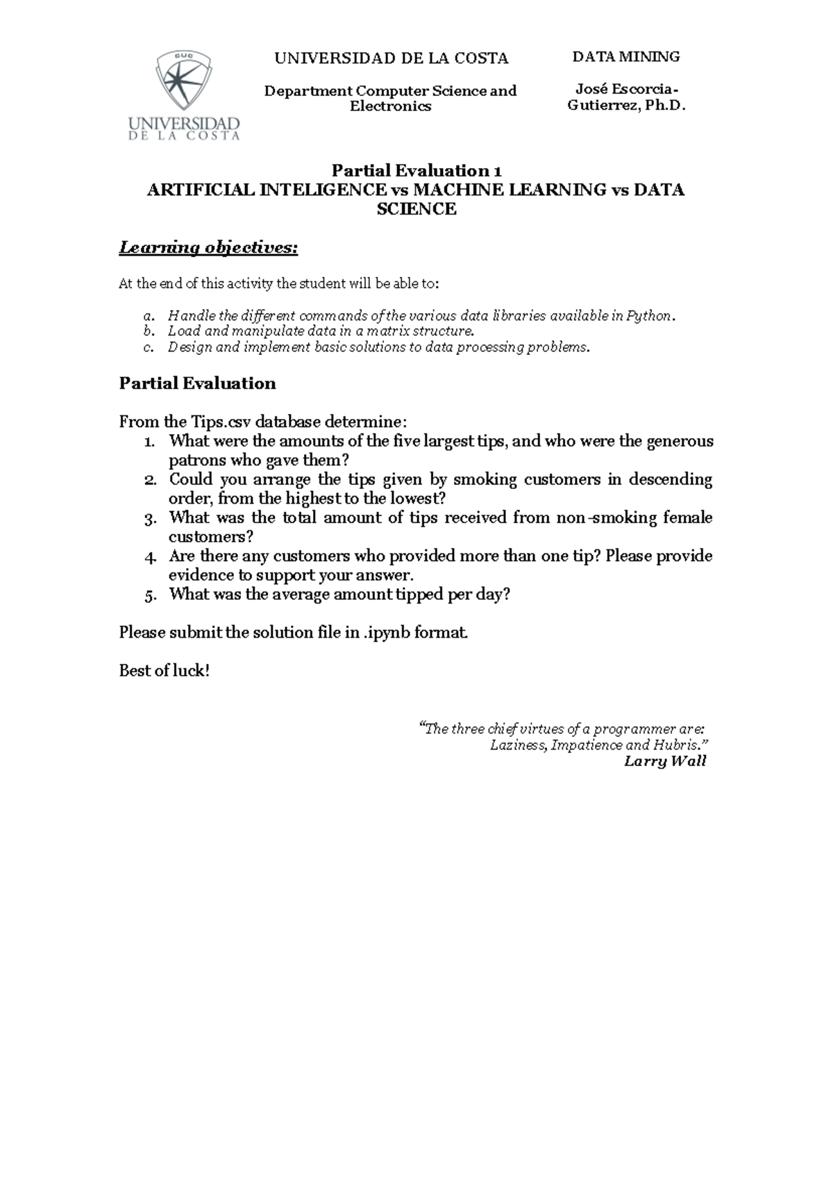 031124 - Partial evaluation 1 - UNIVERSIDAD DE LA COSTA Department Computer Science and ...