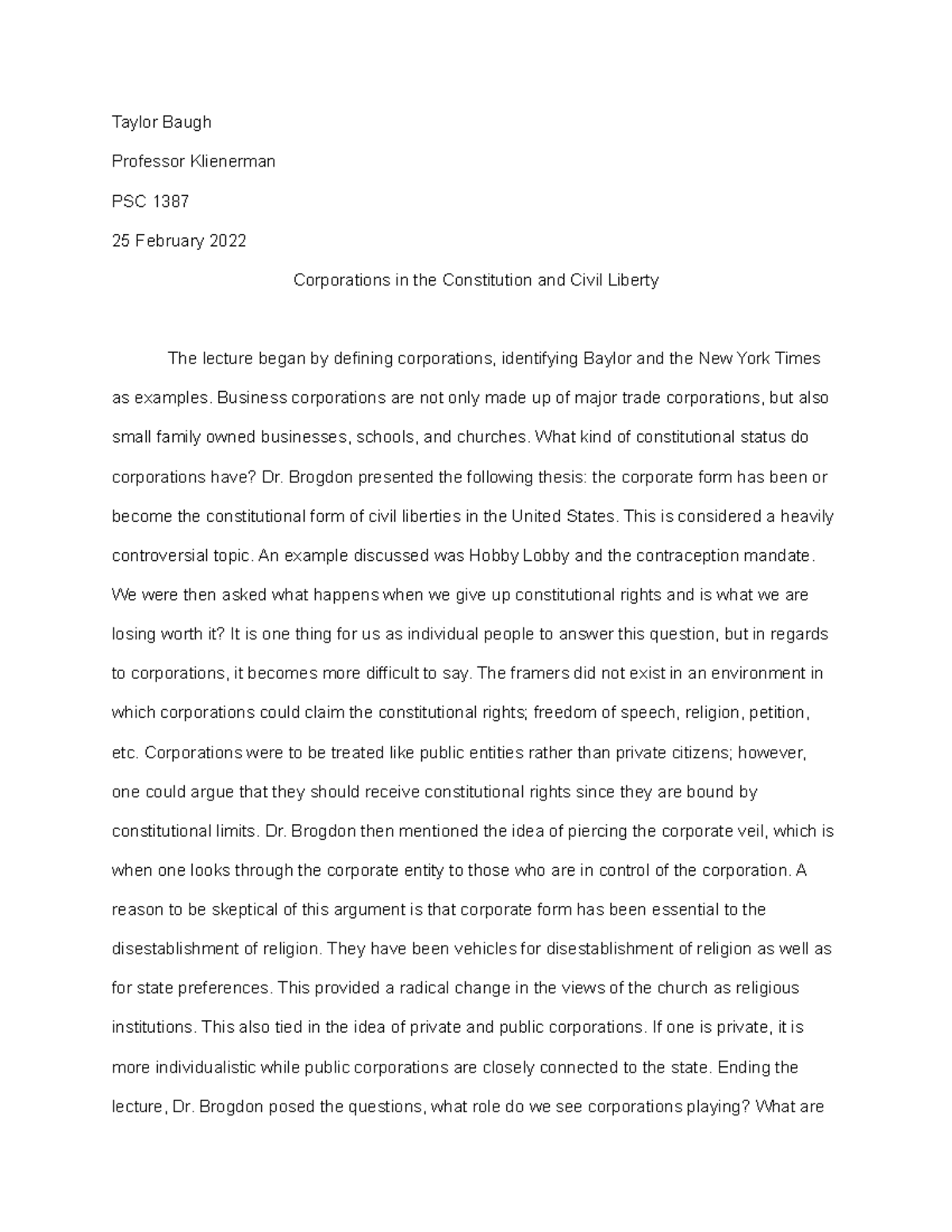 Corporations in the Constitution and Civil Liberty Extra Credit ...