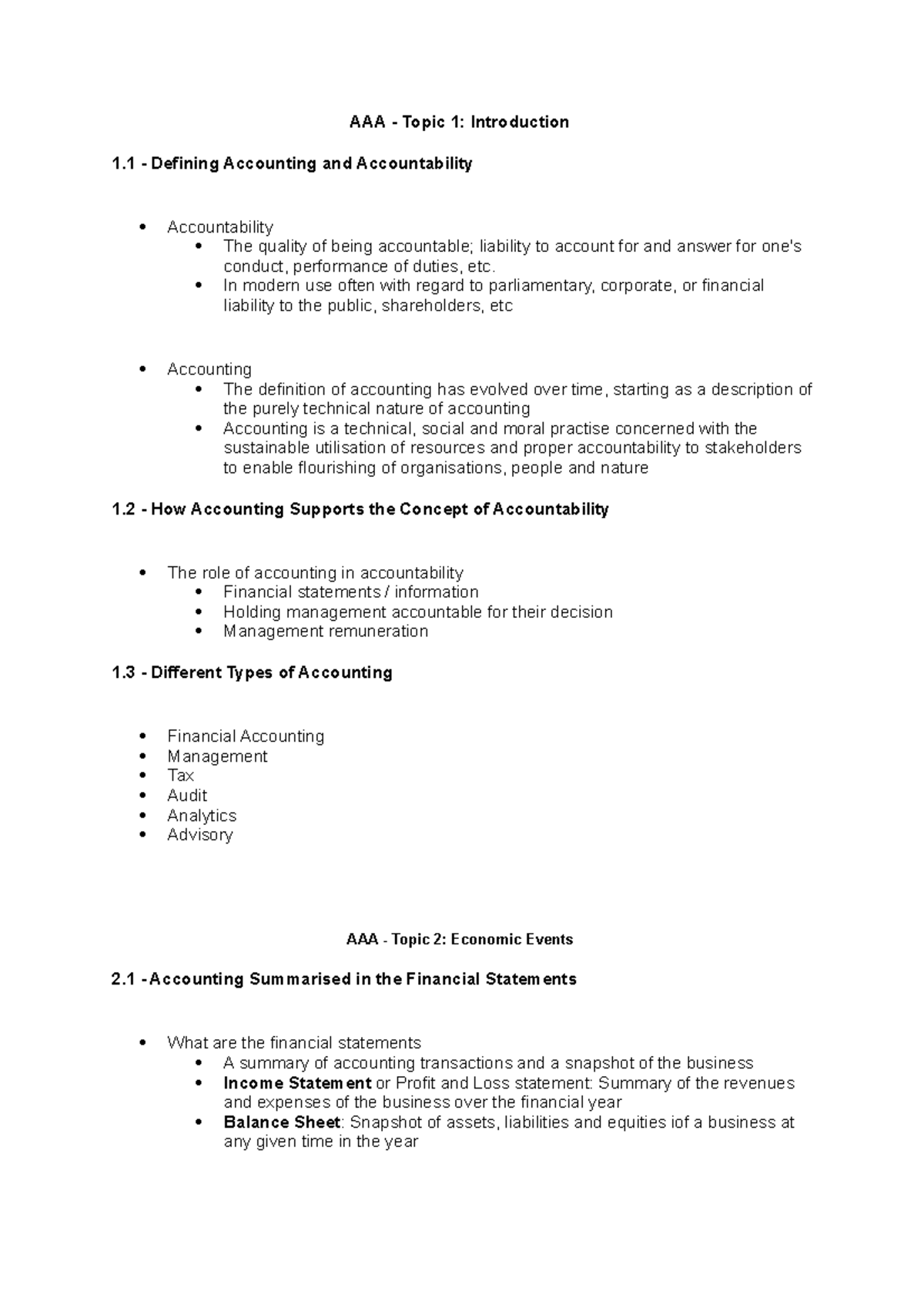 AAA notes - AAA - Topic 1: Introduction 1 - Defining Accounting and ...