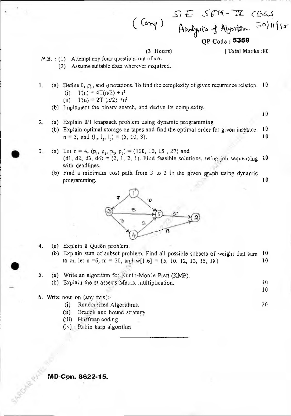 SE-Comps SEM4 AOA DEC15 - (3 Hours) N. : (1) Attempt any four questions out of six. (2) Assume ...