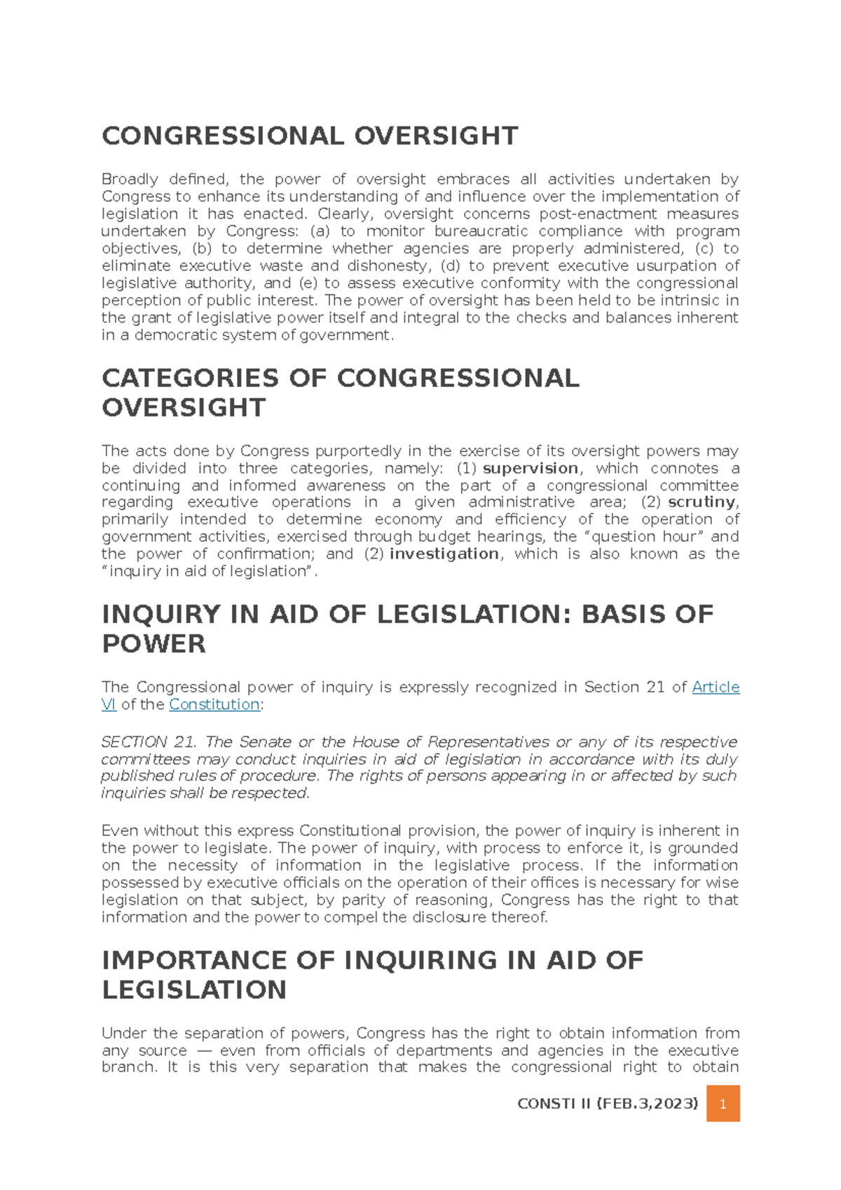 Consti II- Congressional Oversight - CONGRESSIONAL OVERSIGHT Broadly ...
