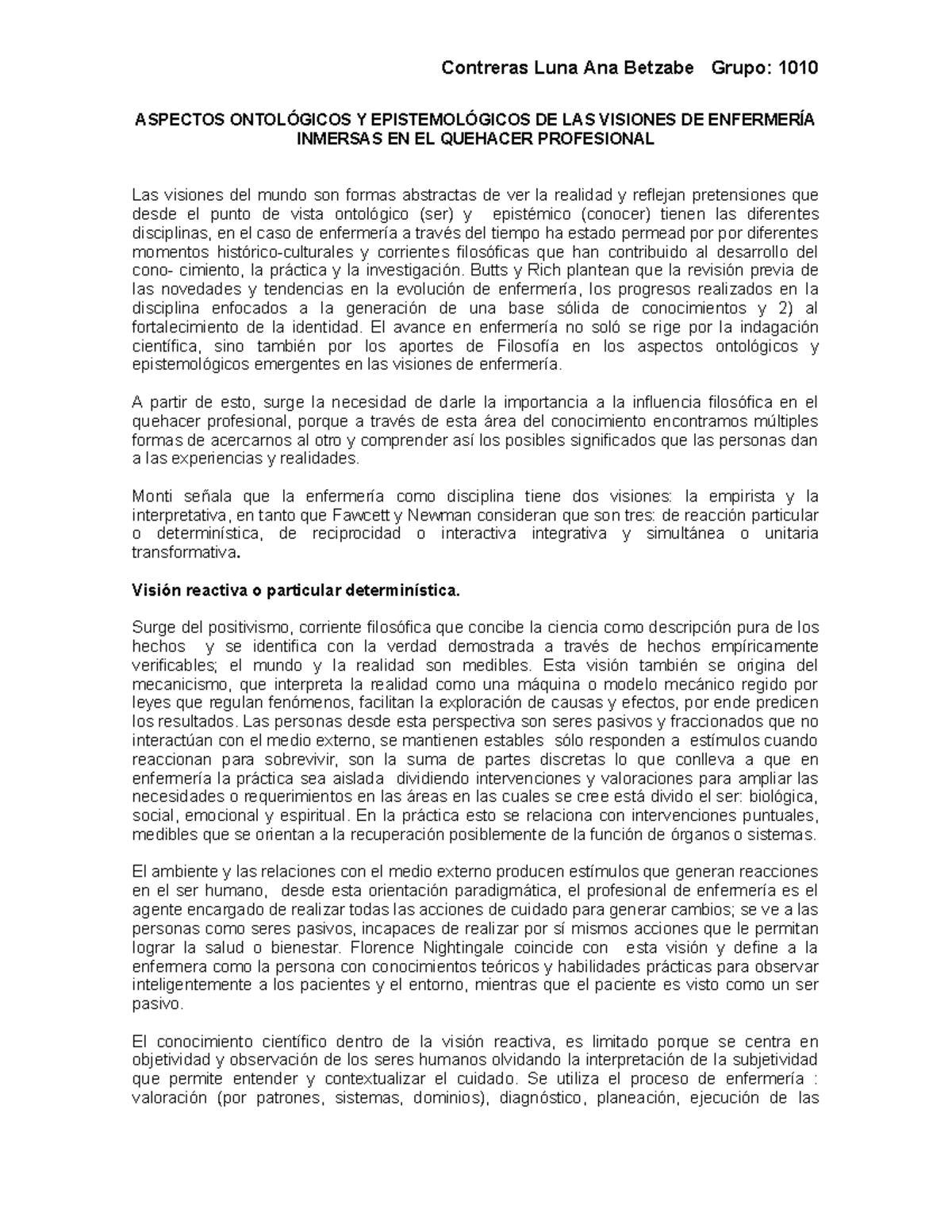 Aspectos Ontológicos Y Epistemológicos DE LAS Visiones DE Enfermería Inmersas EN EL Quehacer ...