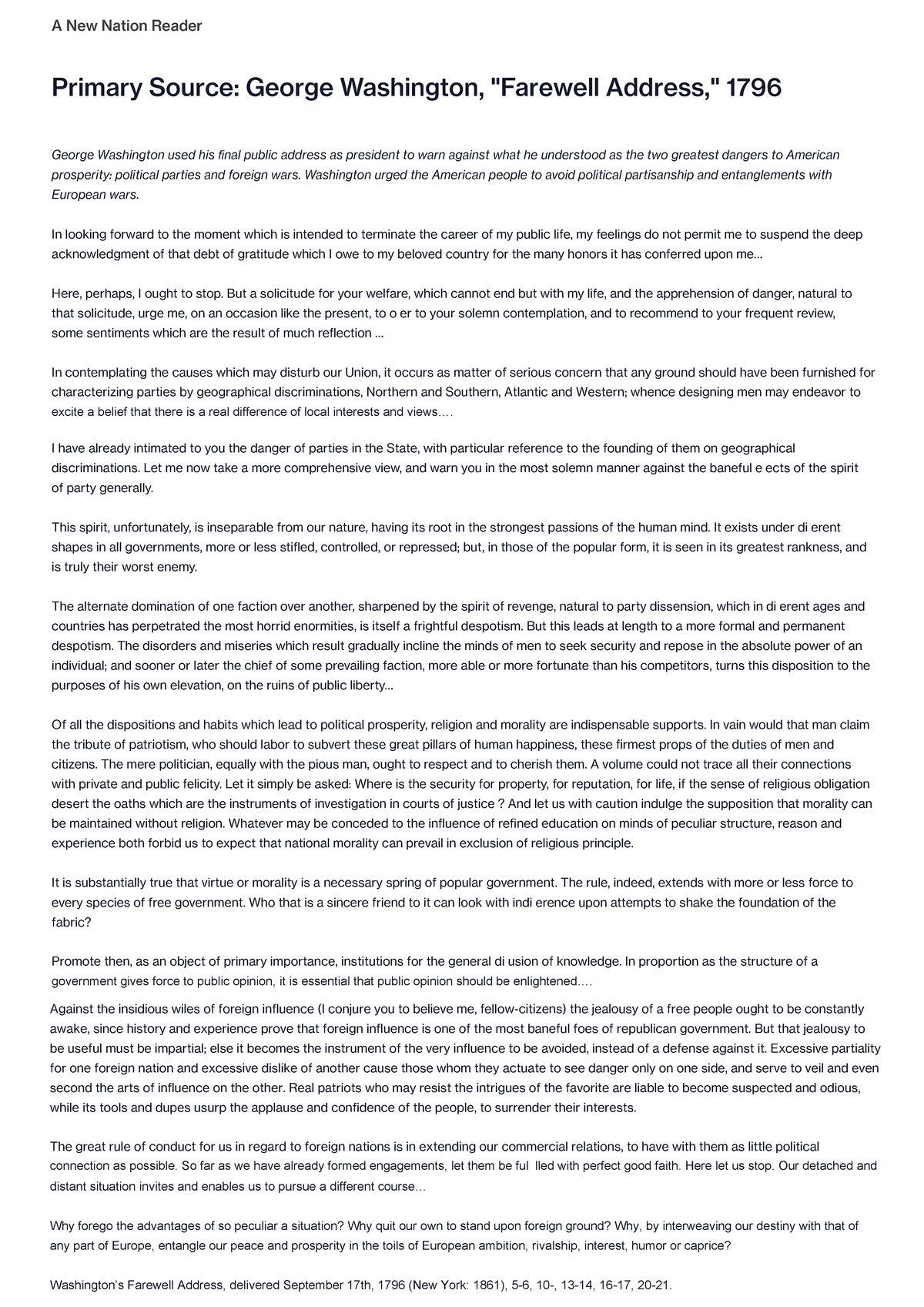 Primary Source George Washington, Farewell Address, 1796 - A New Nation Reader Primary Source ...