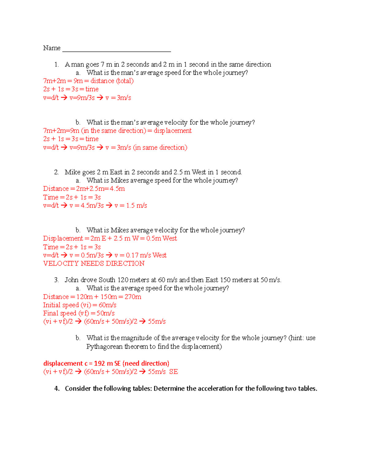 Key practice questions for average velocity and acc - Name